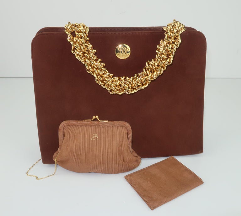 Koret Brown Suede Handbag With Chunky Gold Chain Handle, 1960's at 1stDibs