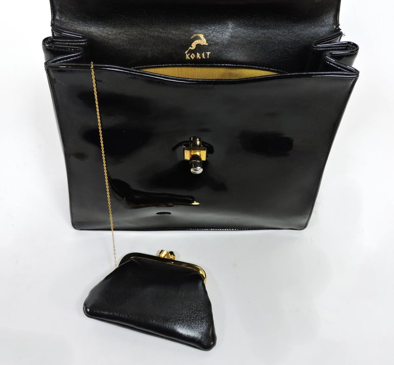 Koret Mid-Century Modern Black Patent Leather and Brass Handbag or ...