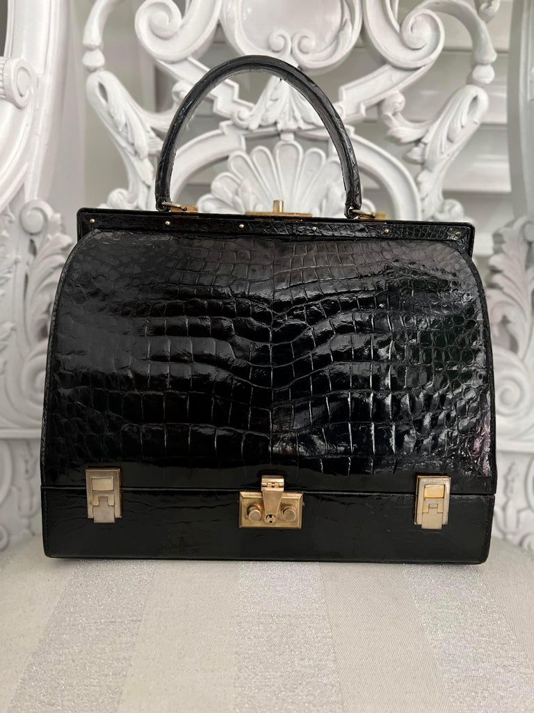 Koret Very Rare "Mallette" Black Alligator Structured Handbag For Sale ...