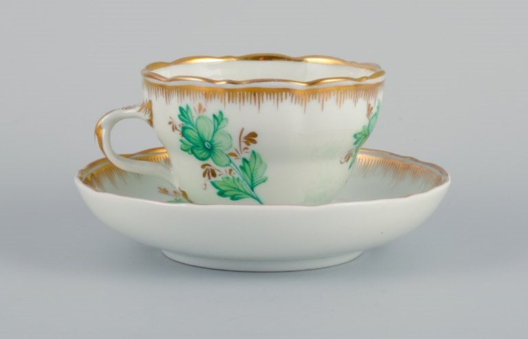 KPM, Berlin. Chocolate cup hand-painted with green flowers and gold ...