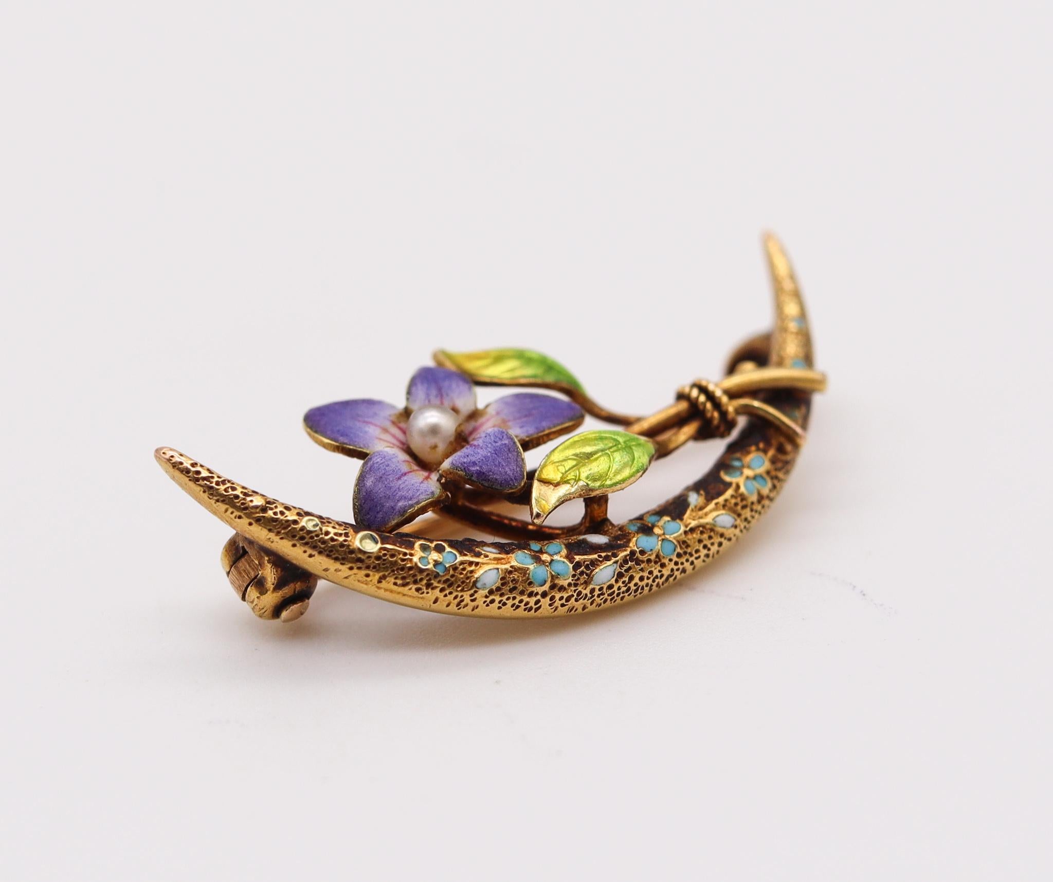 Krementz 1905 Art Nouveau Flower Enameled Pin Brooch in 18Kt Gold ...