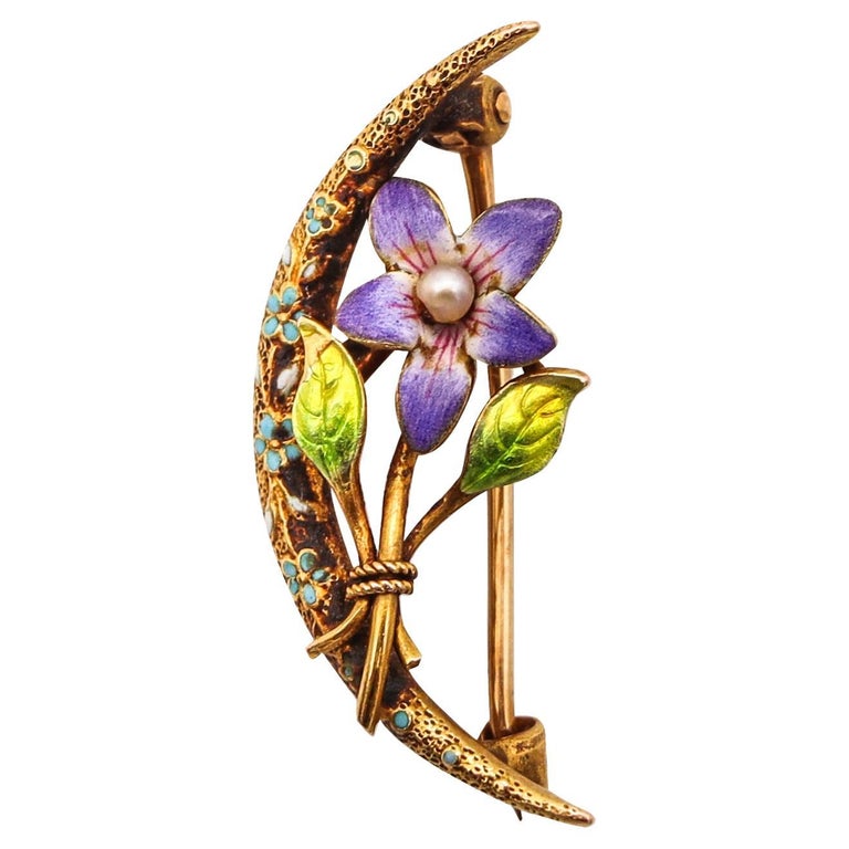 Krementz 1905 Art Nouveau Flower Enameled Pin Brooch in 18Kt Gold Natural Pearl For Sale at 1stDibs