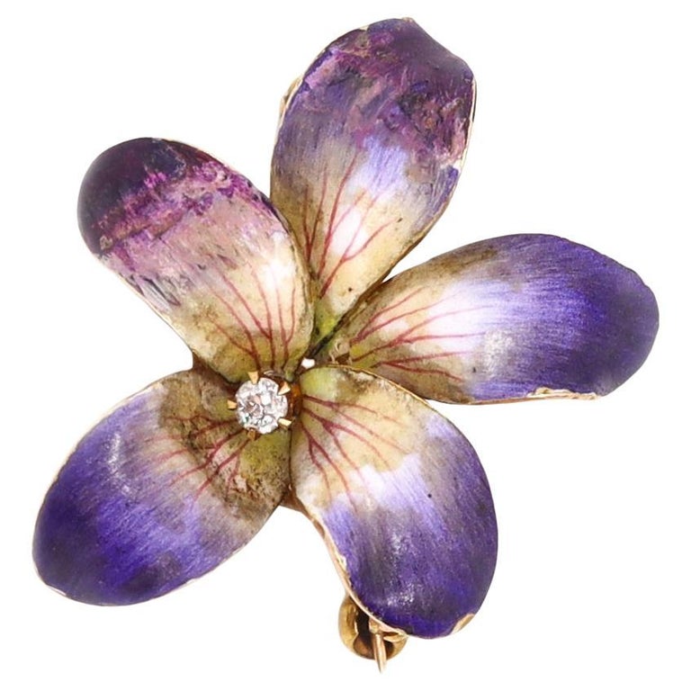 Krementz 1905 Art Nouveau Flower Enameled Pin Brooch in 18Kt Gold With ...