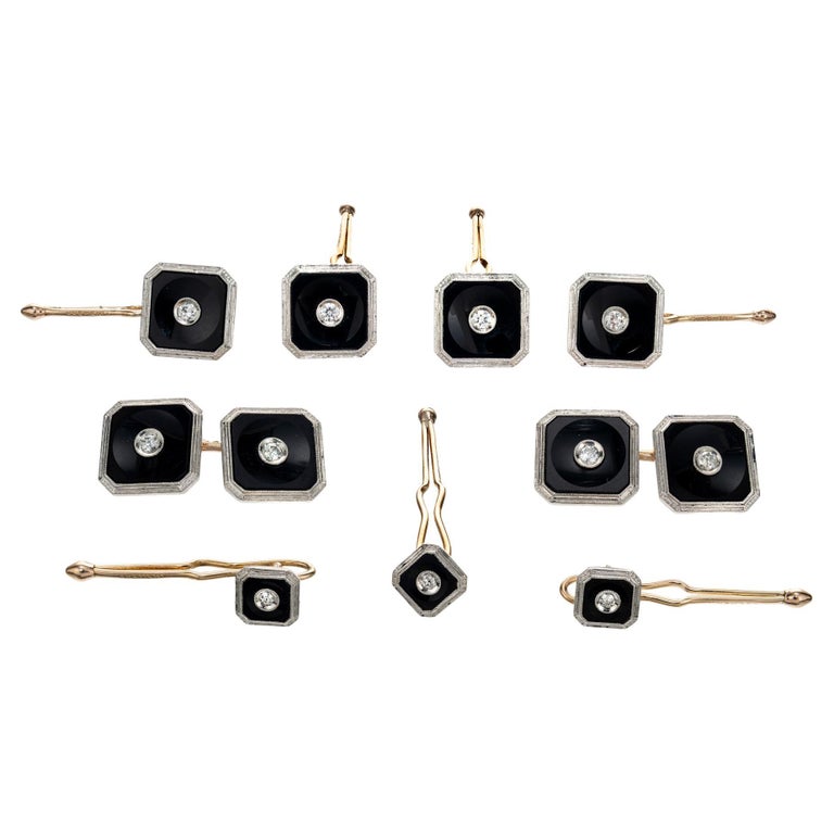 Krementz .52 Carat Diamond Black Onyx Platinum Gold Cufflink Stud Dress ...