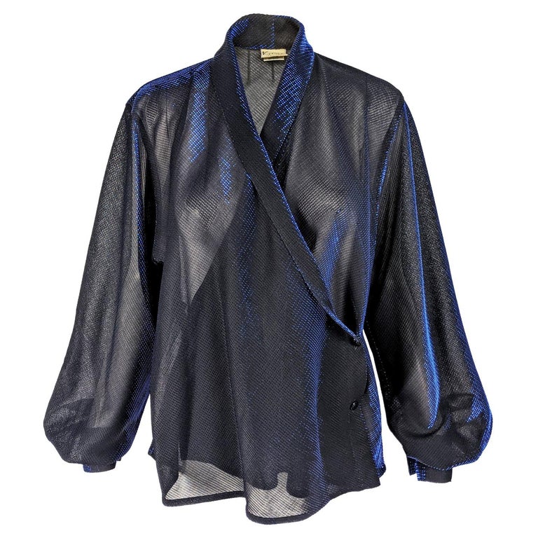 Krizia Vintage Blue and Black Iridescent Lurex Sheer Shimmer Blouse For ...