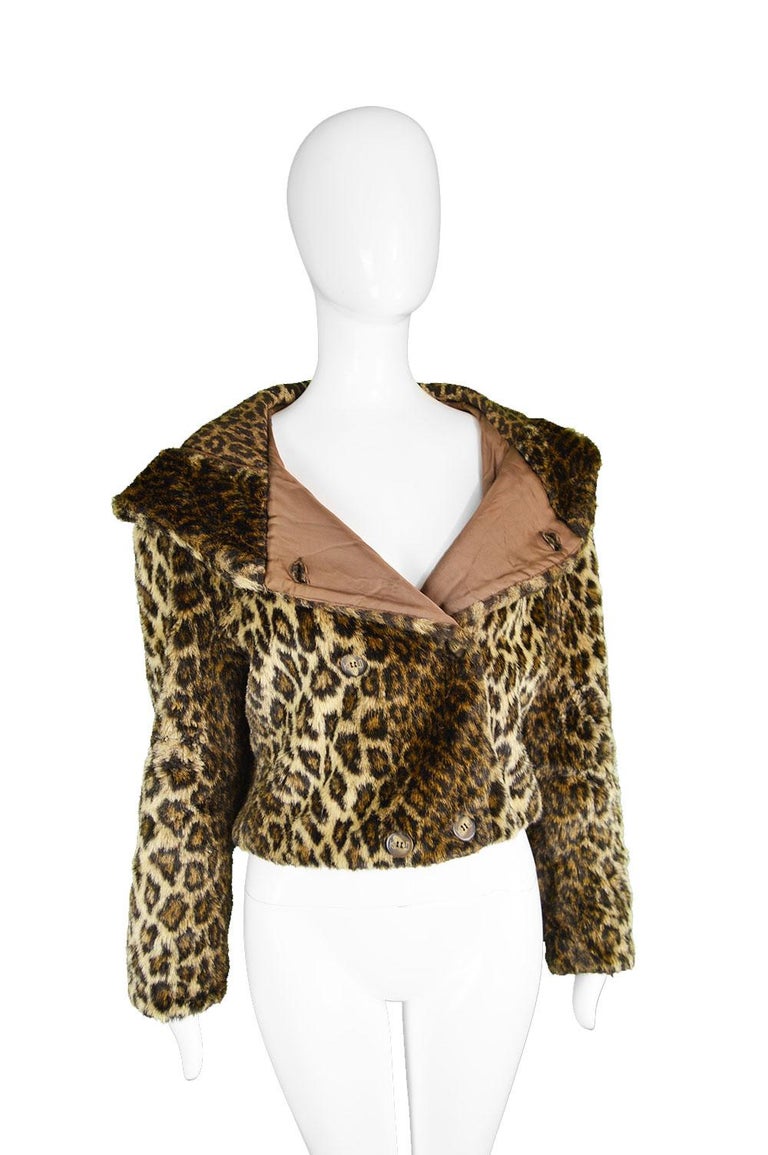 Krizia Vintage Faux Fur Leopard Animal Print Hooded Crop Coat Jacket ...