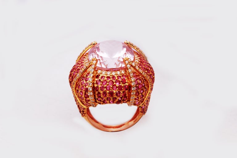 Kunzite Cocktail Ring in 18 Karat Yellow Gold with Ruby and Diamond For ...