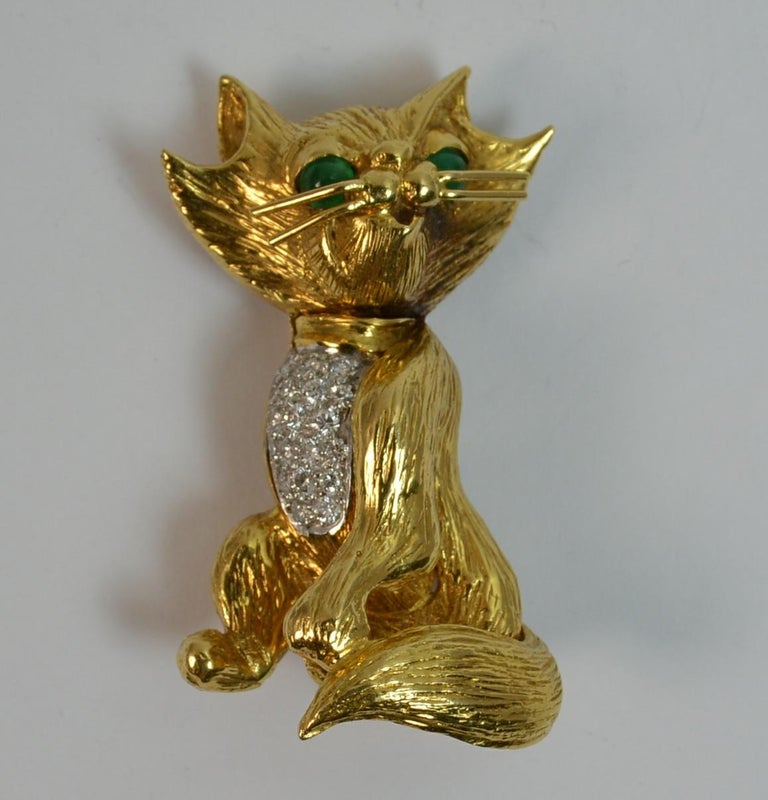 Kutchinsky 18 Carat Gold Diamond Emerald Cat Brooch at 1stDibs