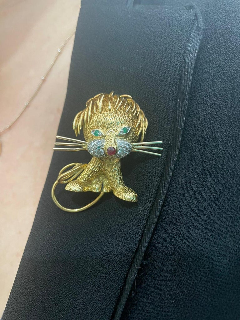 Kutchinsky 18 Karat Yellow Gold, Ruby, Emerald and Diamond Lion Brooch ...