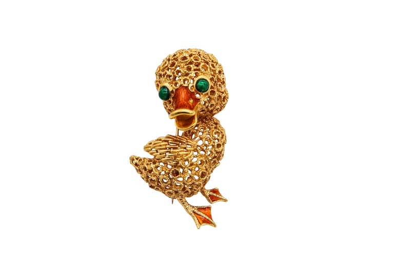 Kutchinsky 1968 London Enamelled Happy Duck Brooch in Solid 18Kt Yellow ...