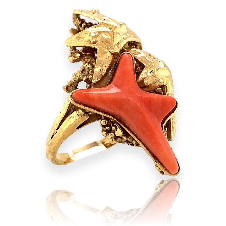 Kutchinsky Carved Coral and Gold Starfish Ring 1972 For Sale at 1stDibs