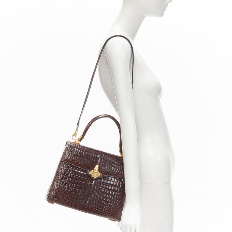 KWANPEN brown polished leather gold croc hardware buckle crossbody ...