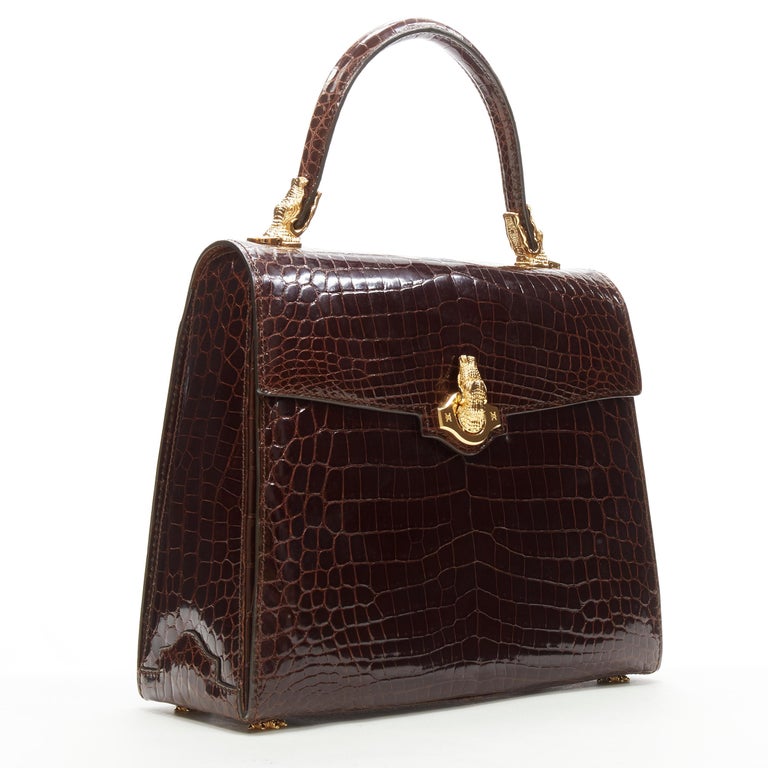 KWANPEN brown polished leather gold croc hardware buckle crossbody ...