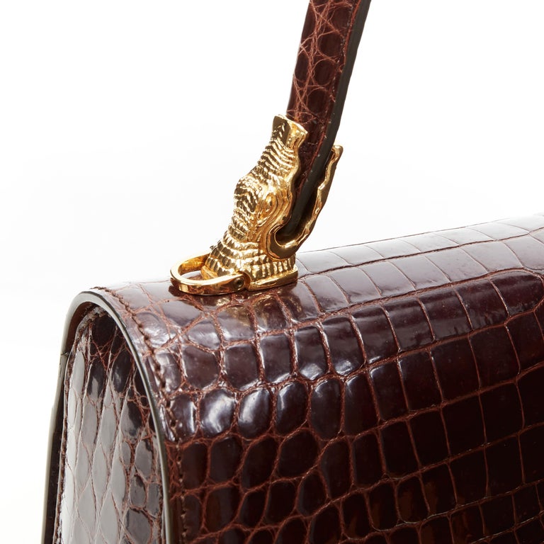 KWANPEN brown polished leather gold croc hardware buckle crossbody ...