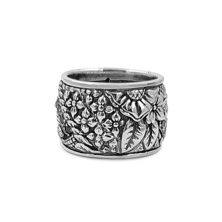 Kyoto Black Diamond and Sterling Silver Engraved Ring at 1stDibs