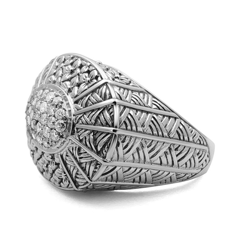 Kyoto White Diamond and Engraved Sterling Silver Ring For Sale at 1stDibs