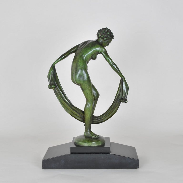 L Giannoni, Bronze Woman With A Veil, Signed, 1935, Art Deco at 1stDibs