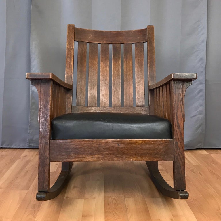 L. and J.G. Stickley Arts and Crafts Oak and Leather Rocker, circa ...