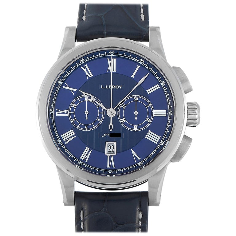 L. Leroy Marine Chronographe White Gold Blue Dial Watch LL202 at 1stDibs