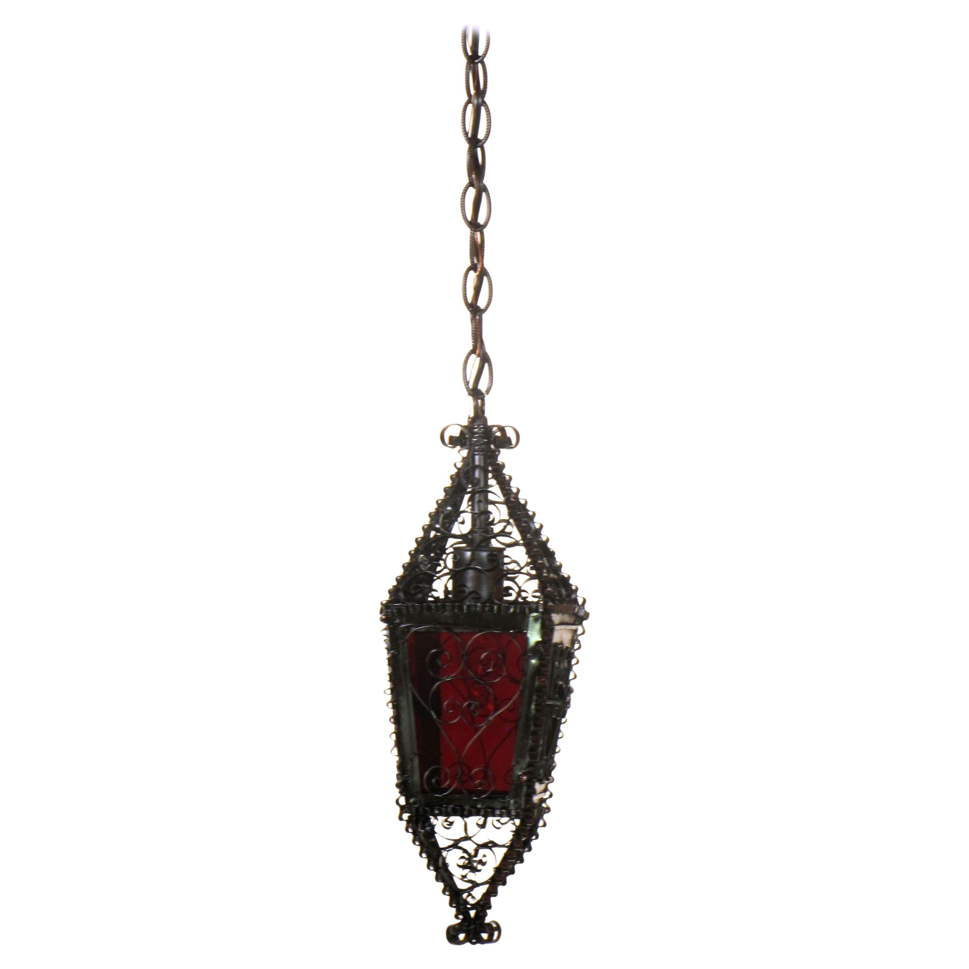 L116 Small Venetian Wrought Iron Lantern with Red Glass For Sale at 1stDibs