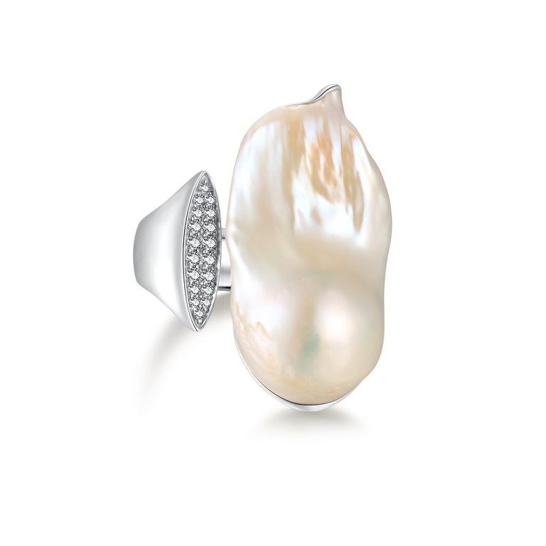 Lab-Grown Diamond Baroque Pearl Cocktail Ring For Sale at 1stDibs