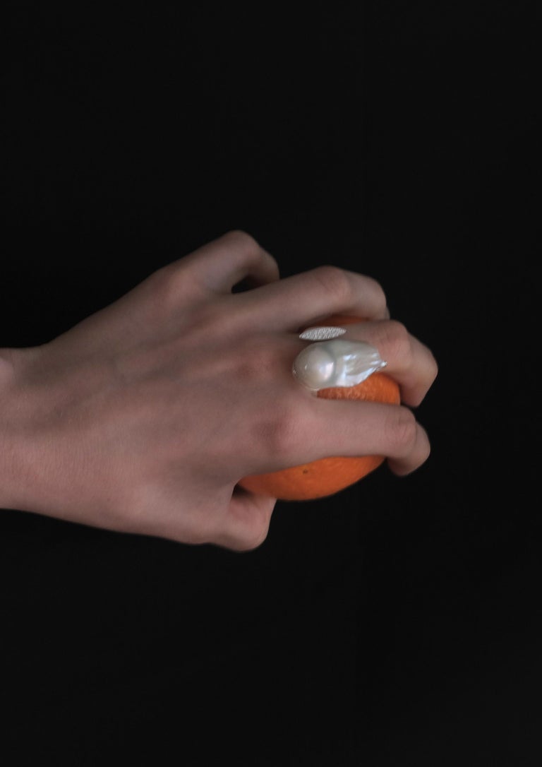 Lab-Grown Diamond Baroque Pearl Cocktail Ring For Sale at 1stDibs