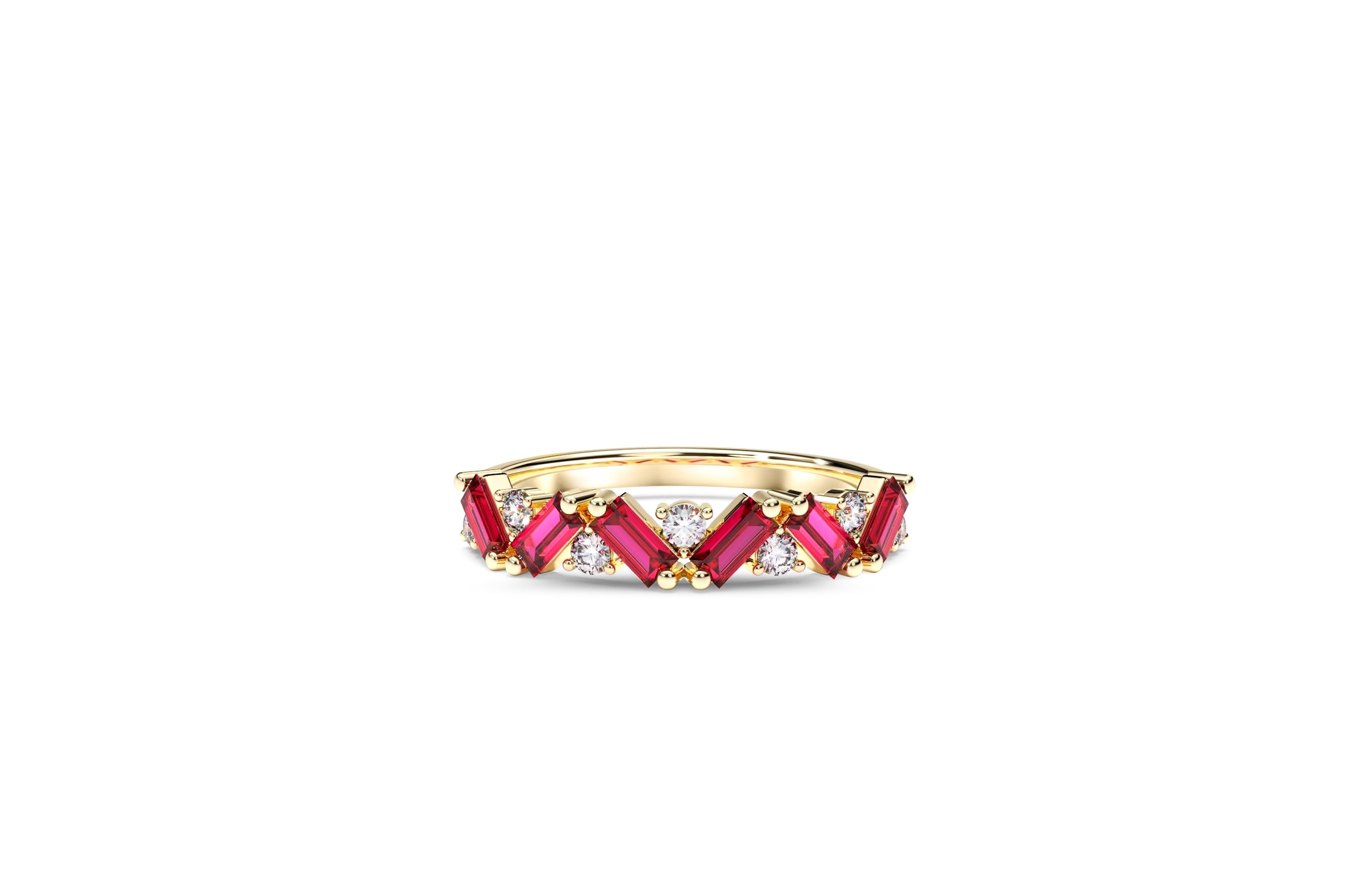 Lab ruby baguette and Round Moissanite Wedding Band. For Sale at 1stDibs