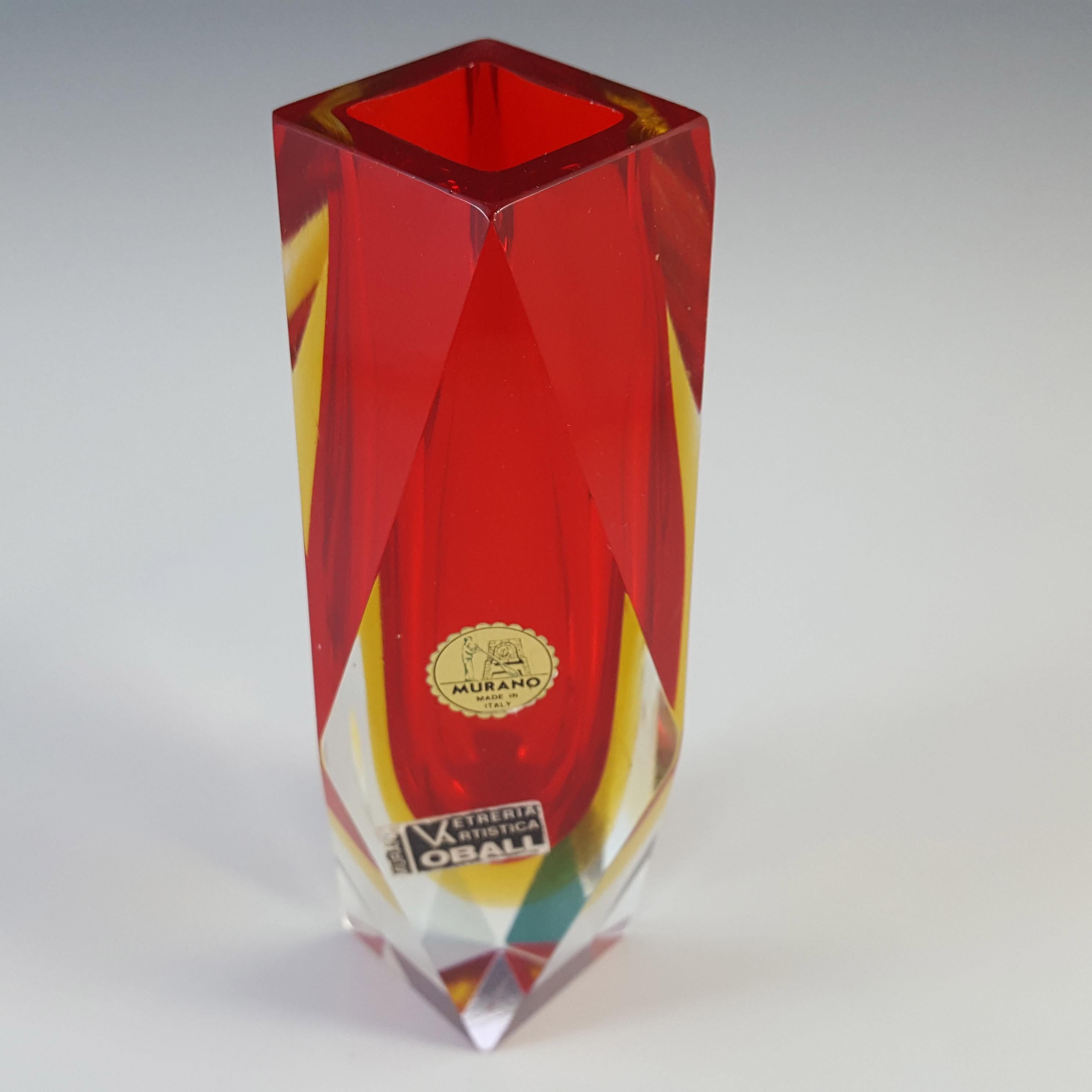 LABELLED Oball Murano Faceted Red and Amber Sommerso Glass Vase For ...