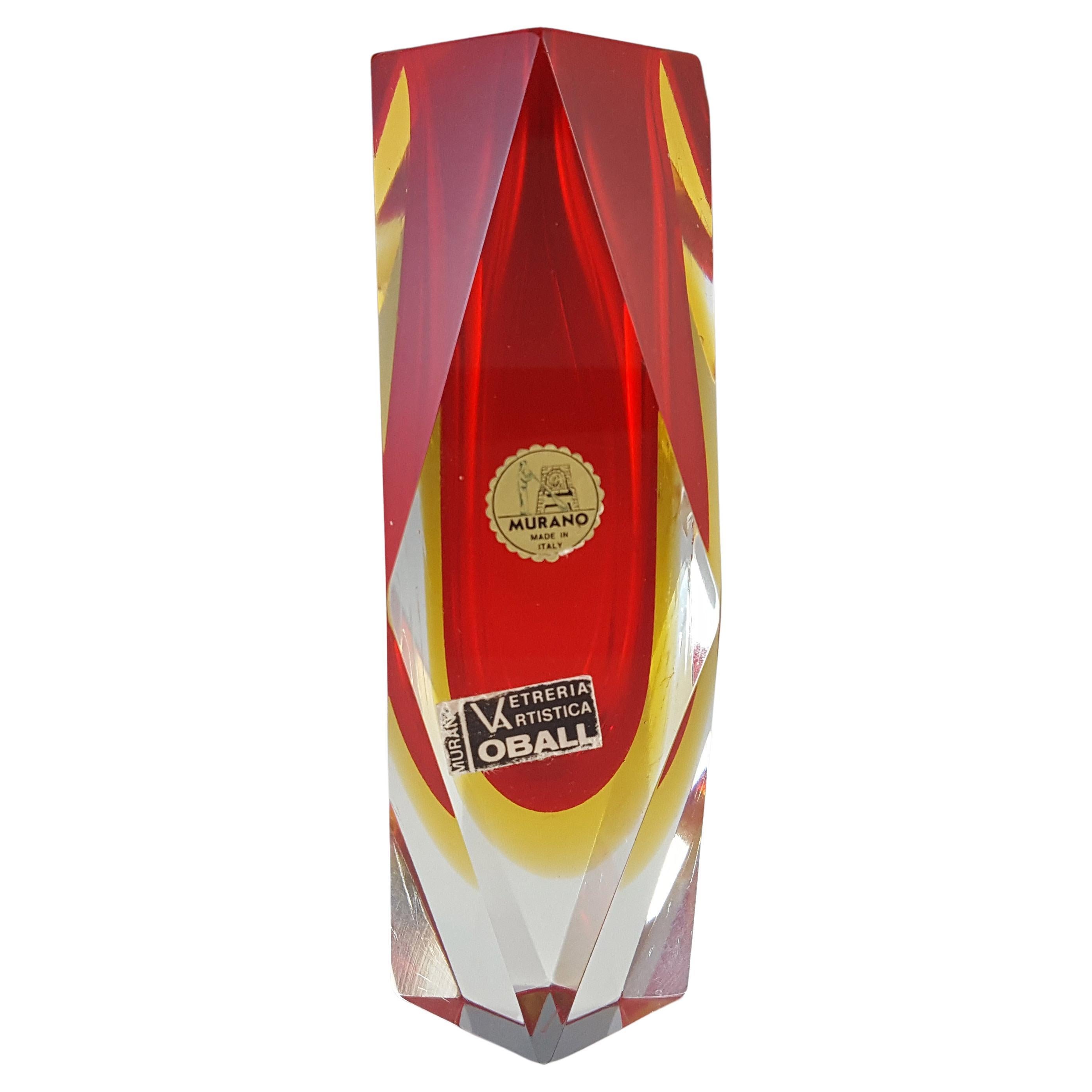 LABELLED Oball Murano Faceted Red and Amber Sommerso Glass Vase For ...