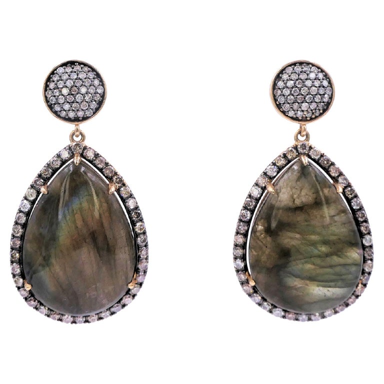 Labradorite Pear Drop Shape Grey Silver Diamonds Halo Drop 14k Gold ...