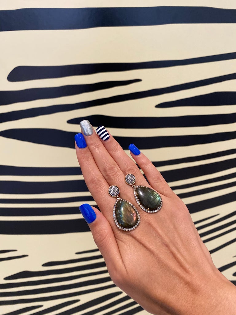 Labradorite Pear Drop Shape Grey Silver Diamonds Halo Drop 14k Gold ...