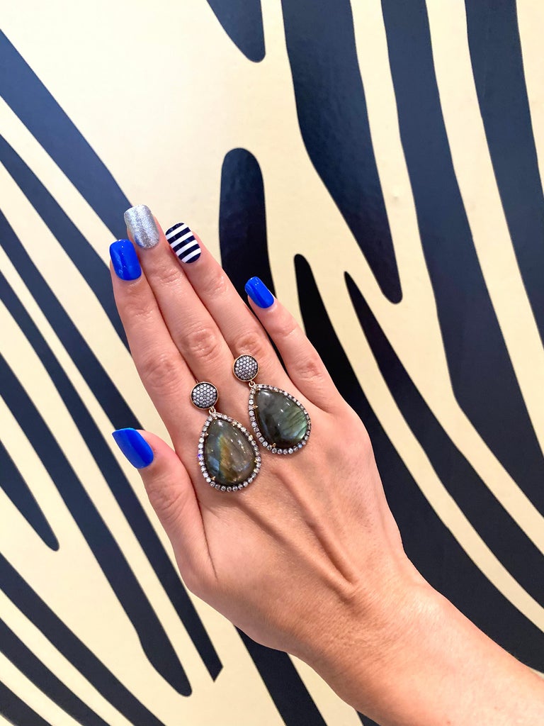 Labradorite Pear Drop Shape Grey Silver Diamonds Halo Drop 14k Gold ...