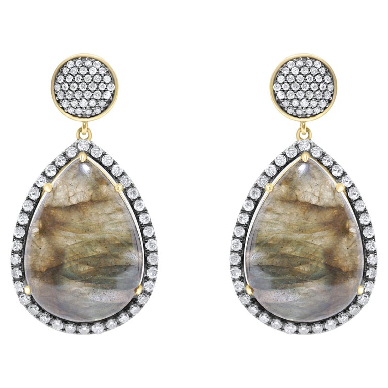 Labradorite Pear Drop Shape Grey Silver Diamonds Halo Drop 14k Gold ...