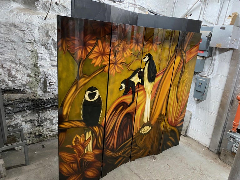Lacquered Folding Screen Representing Monkeys in the Style of Gaston ...