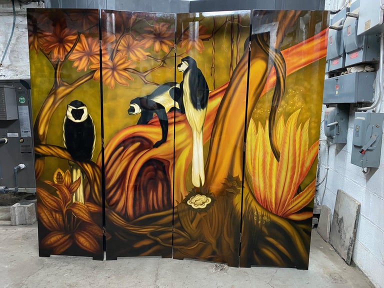 Lacquered Folding Screen Representing Monkeys in the Style of Gaston ...