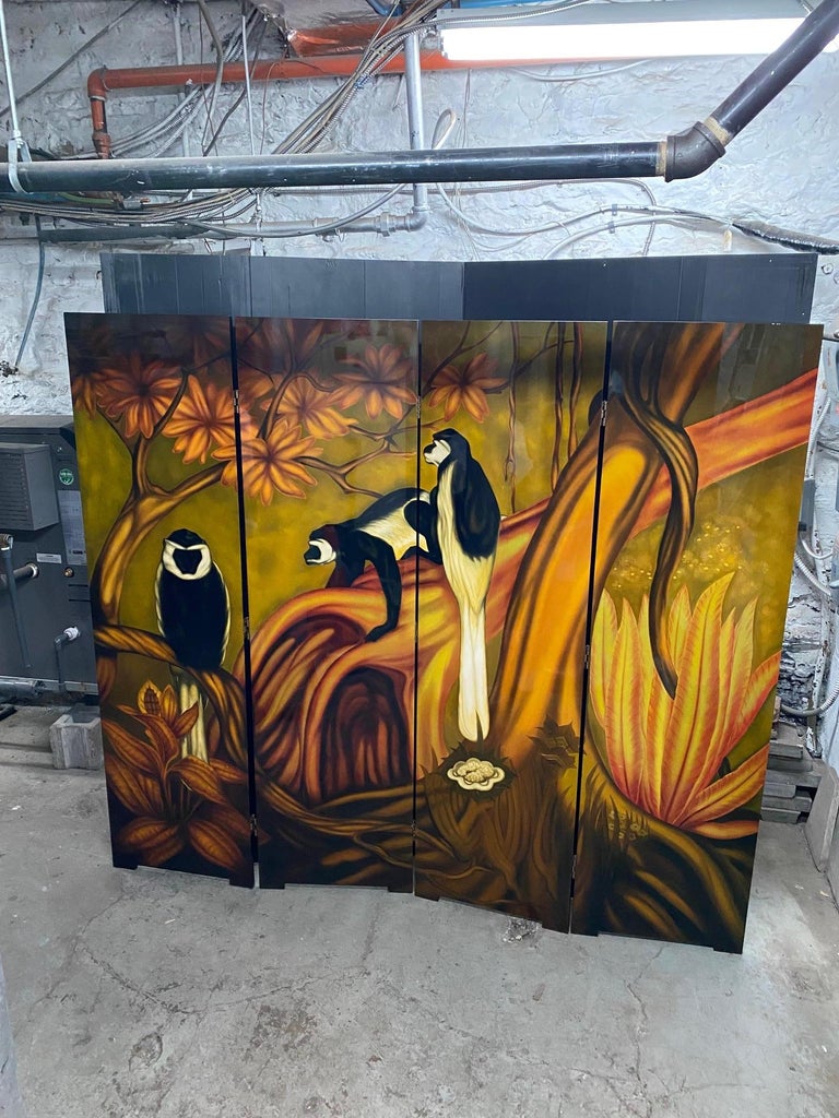 Lacquered Folding Screen Representing Monkeys in the Style of Gaston ...