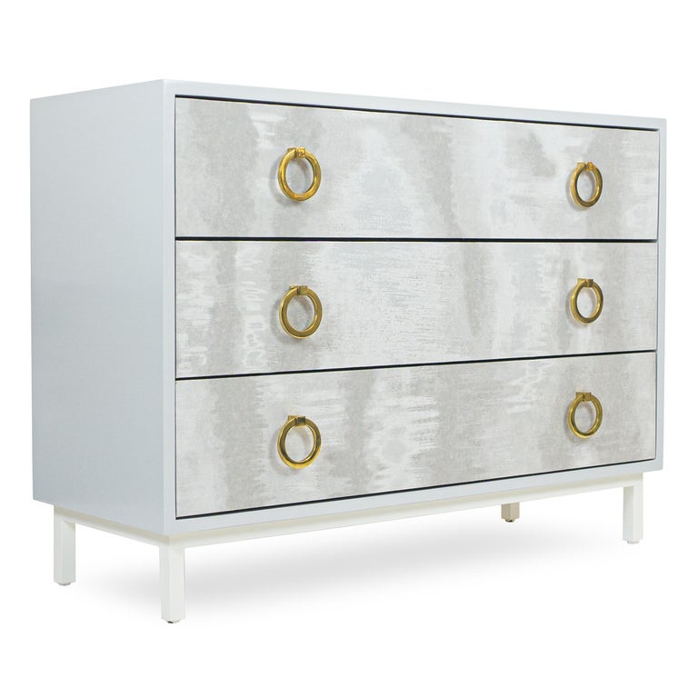 Lacquered Light Blue Chest of Three Drawers with Round Gold Pulls For ...