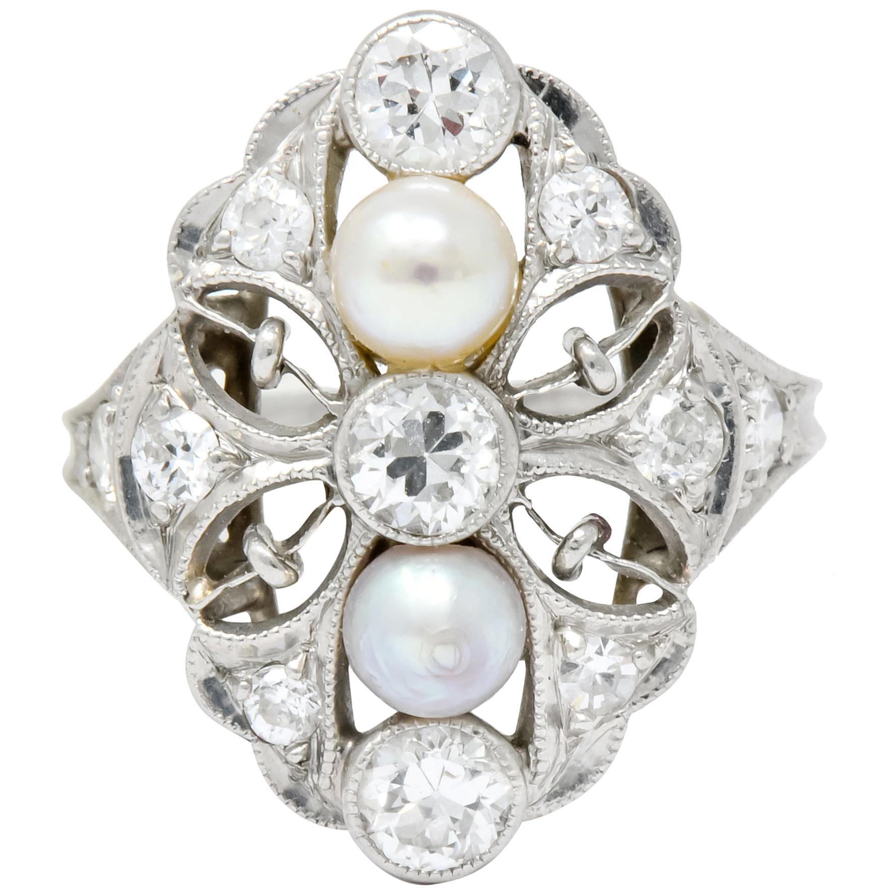 Lacy Edwardian Diamond Natural Pearl Platinum Dinner Ring For Sale at ...
