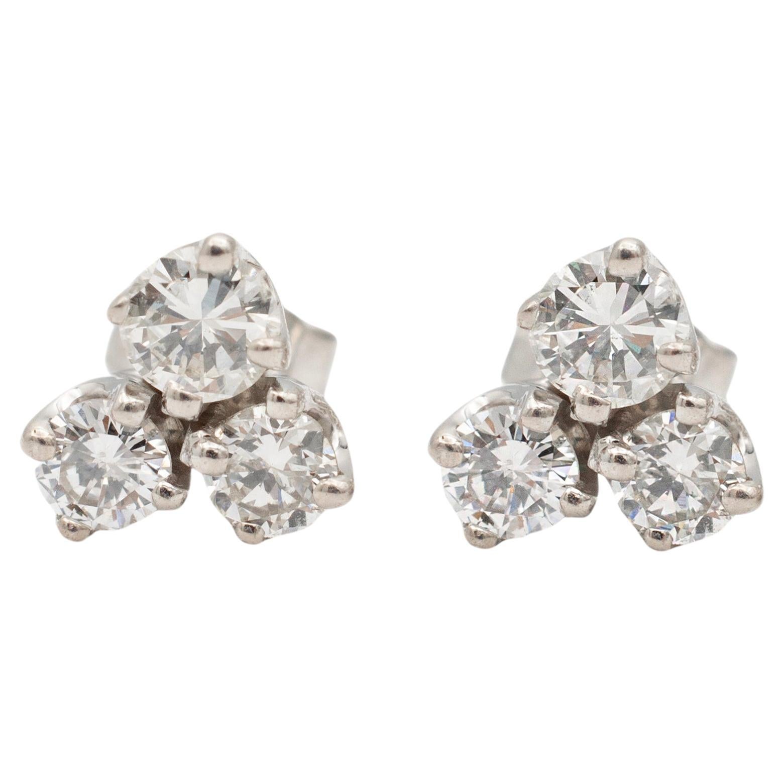 Ladies 14K White Gold Three Stone Diamond Stud Earrings For Sale at 1stDibs