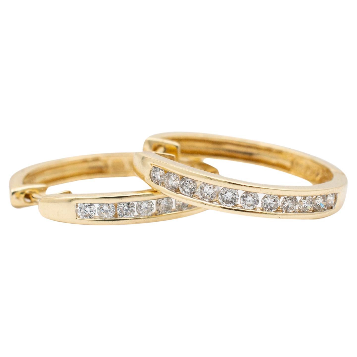 Ladies 14K Yellow Gold Channel Diamond Hoop Earrings For Sale at 1stDibs