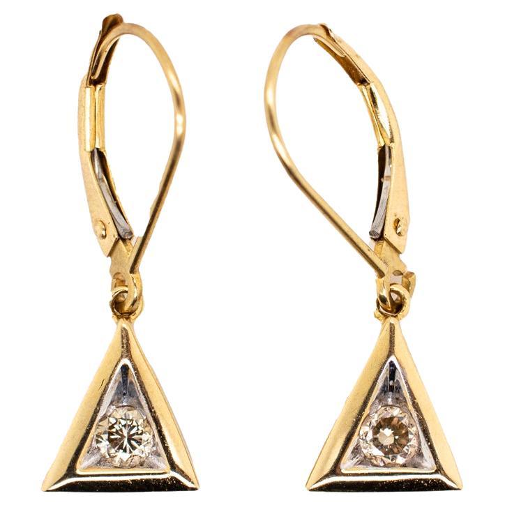 Diamond Heart and Bow Vintage Style Dangle Earrings in 14K Yellow Gold For Sale at 1stDibs