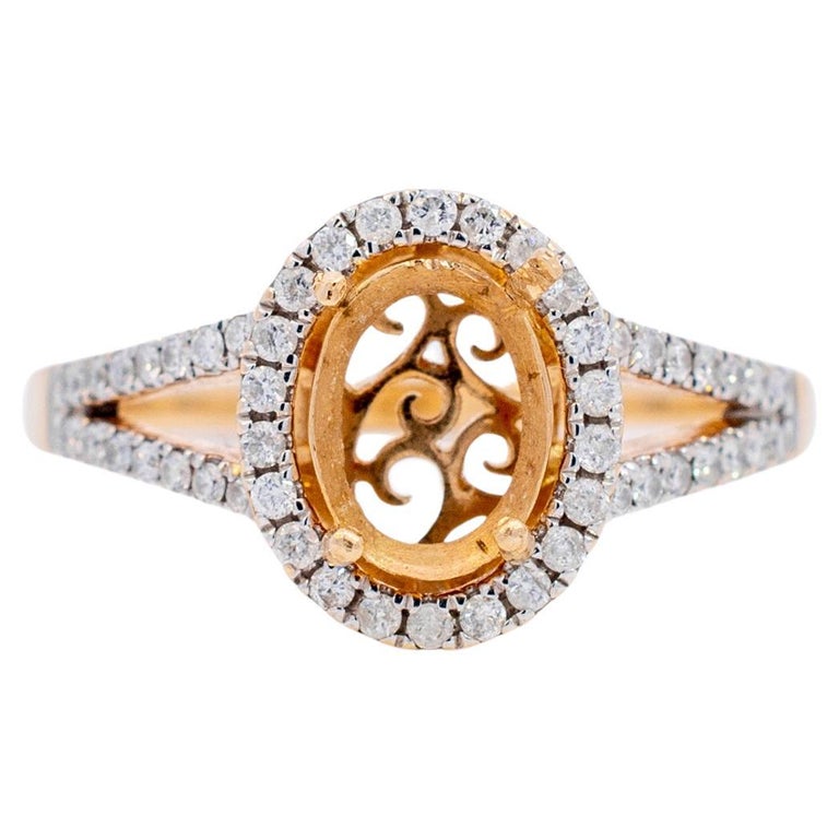 Ladies 14k Yellow Gold Oval Semi Mount Halo Diamond Engagement Ring For ...