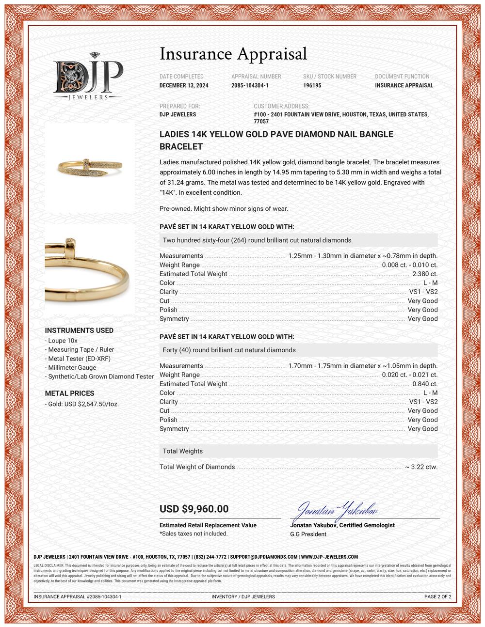 Ladies 14K Yellow Gold Pave Diamond Nail Bangle Bracelet For Sale at ...