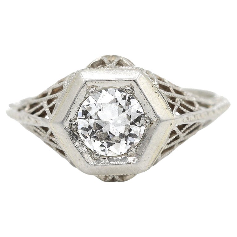 Ladies 18K White Gold Art Deco Diamond Engagement Ring For Sale at 1stDibs