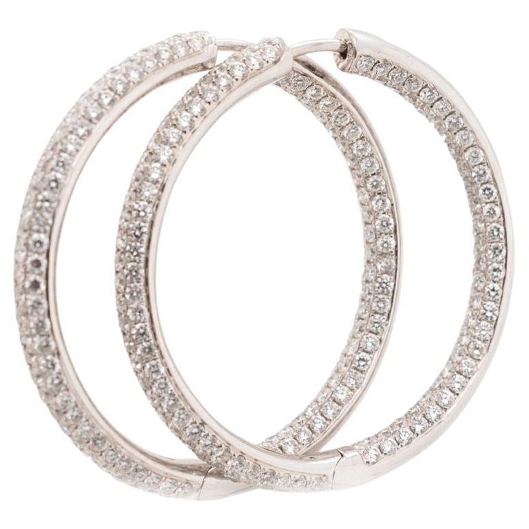 Ladies 18K White Gold Diamond Hoops Earrings For Sale at 1stDibs