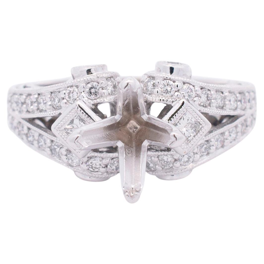 Ladies 18K White Gold Halo Diamond Three Stone Semi Mount Engagement ...