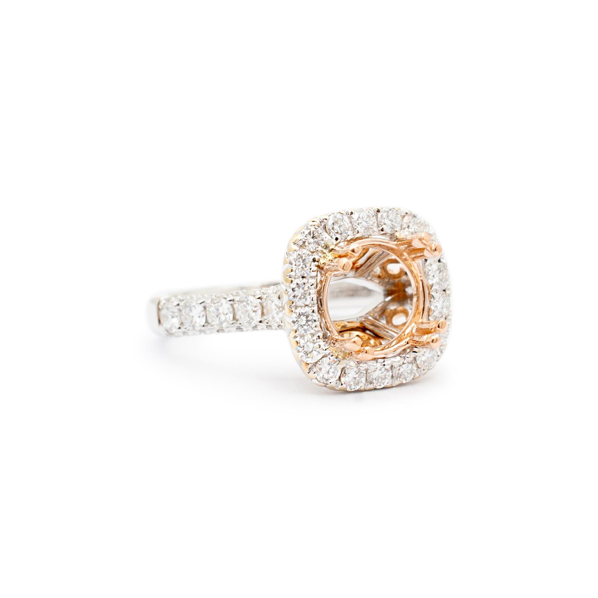 Ladies 18K White and Rose Gold Halo Diamond Semi Mount Engagement Ring ...