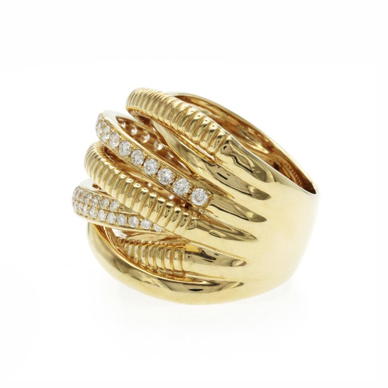 Ladies 18K Yellow Gold 0.88 CT Diamond Crossover Ring For Sale at 1stDibs