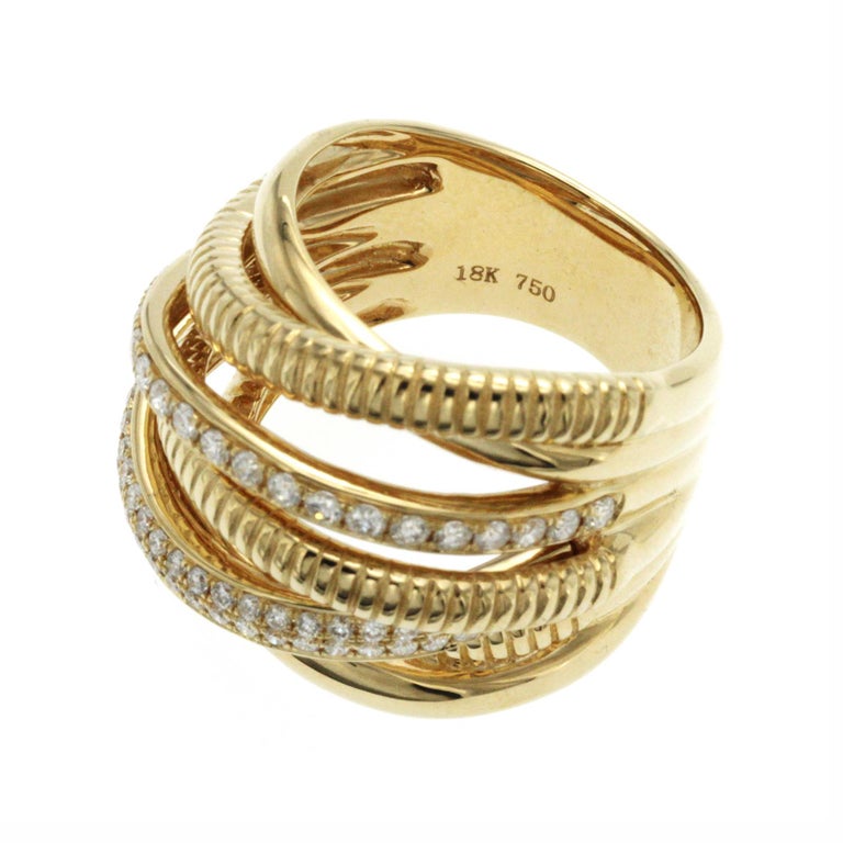 Ladies 18K Yellow Gold 0.88 CT Diamond Crossover Ring For Sale at 1stDibs