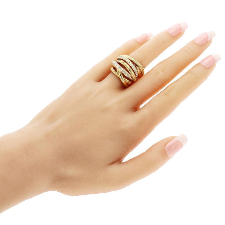 Ladies 18K Yellow Gold 0.88 CT Diamond Crossover Ring For Sale at 1stDibs